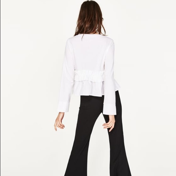 Zara | Tops | Nwt Zara White Contrasting Frilled Long Sleeve Tee | Poshmark